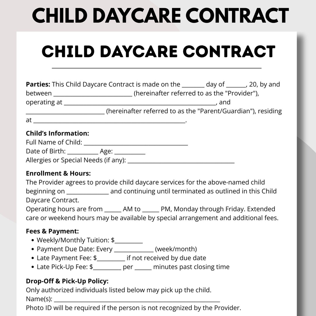 Child Daycare Contract, Daycare Agreement, Contract Template, Agreement ...