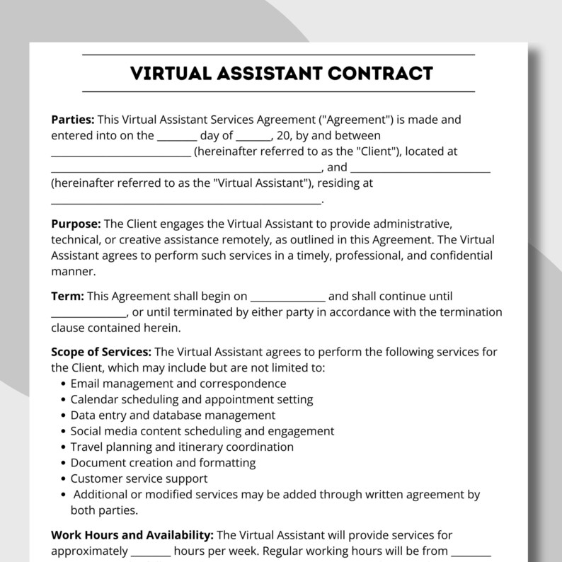 Virtual Assistant, Agreement Templates, Printable Contract, Editable ...