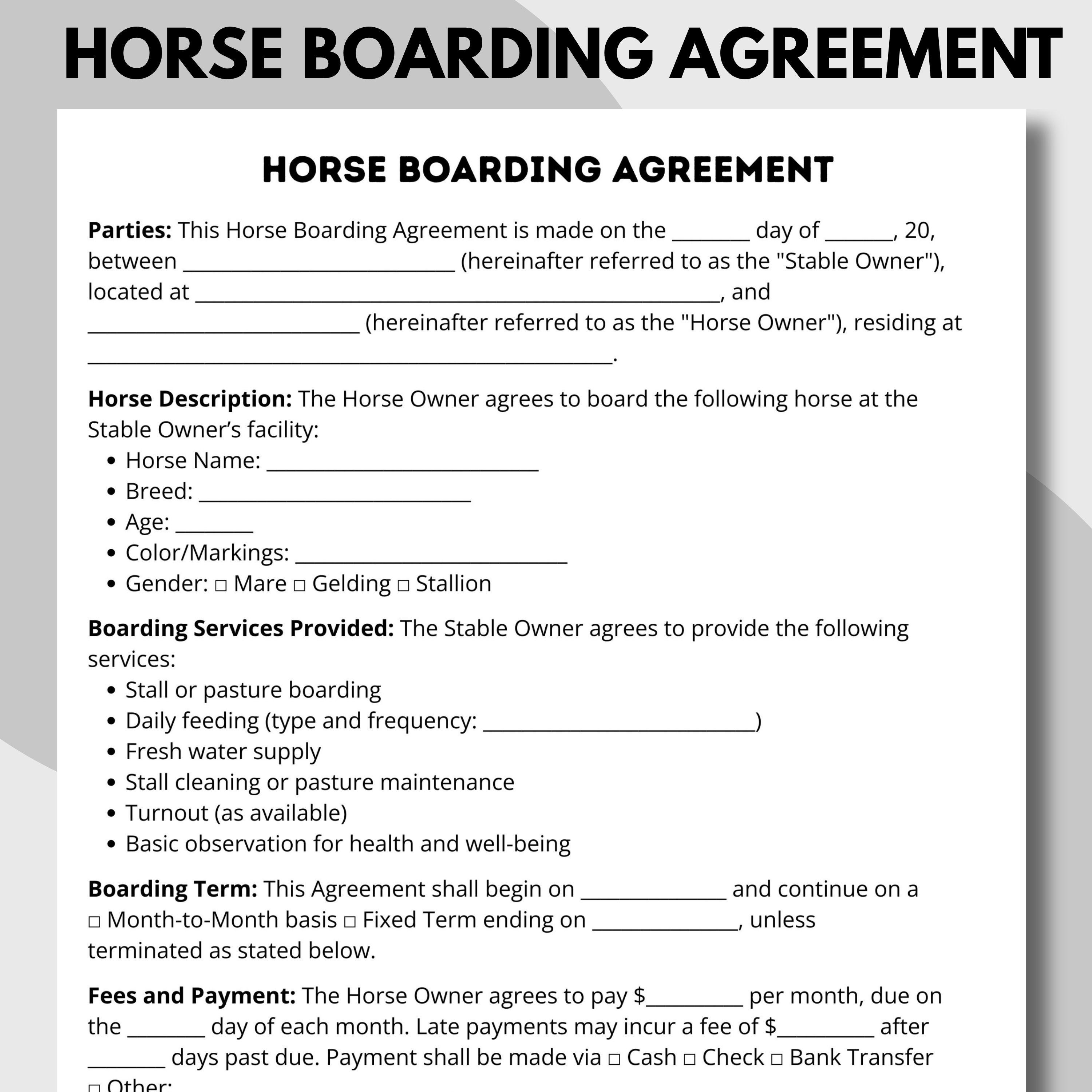 Horse Boarding, Boarding Contract, Horse Waiver, Agreement Form ...