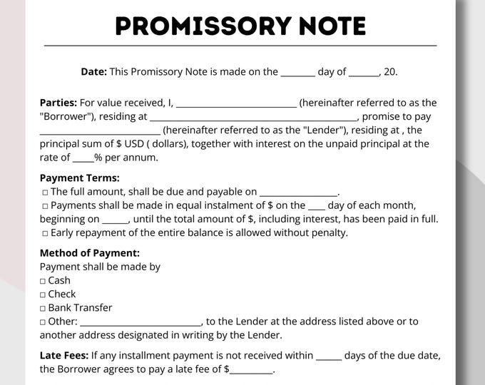 Promissory Note, Personal Loan, Loan Contract, Loan Agreement, Editable ...