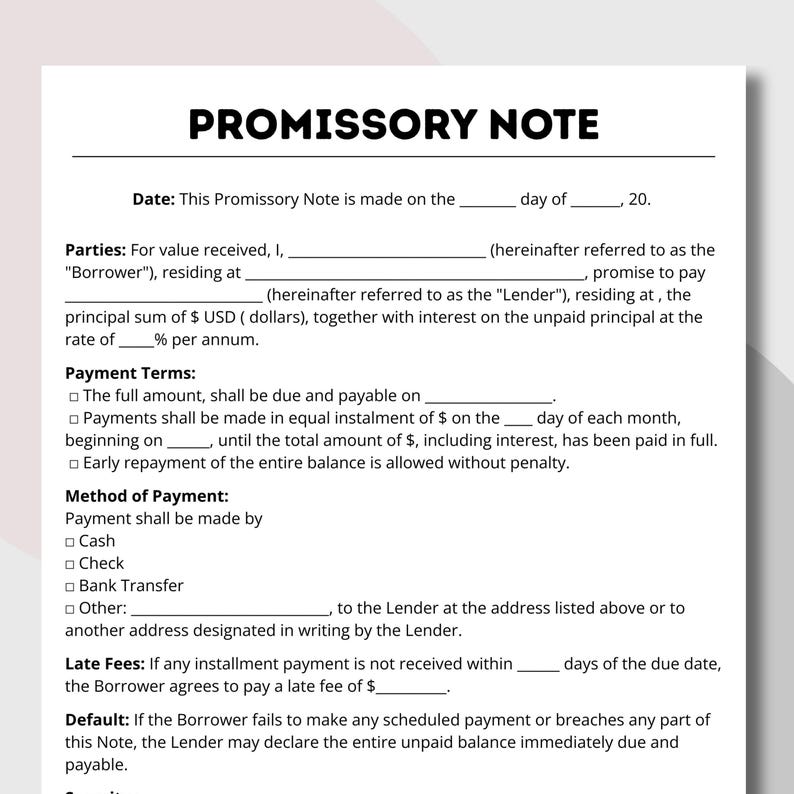 Promissory Note, Personal Loan, Loan Contract, Loan Agreement, Editable ...