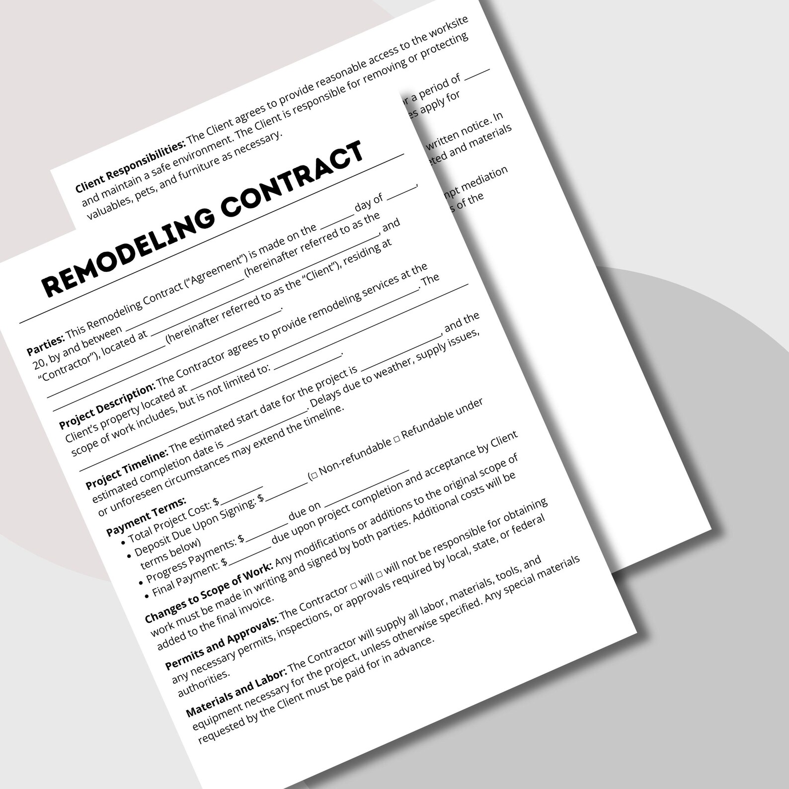 Remodeling Contract, Contract Template, Agreement Template, Contractor ...