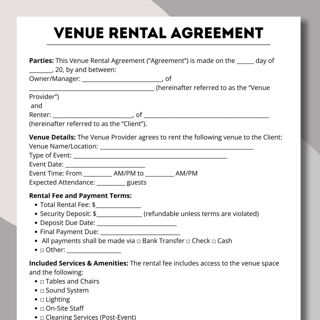 Venue Rental Agreement Form, Contract Form, Event Center, Event ...