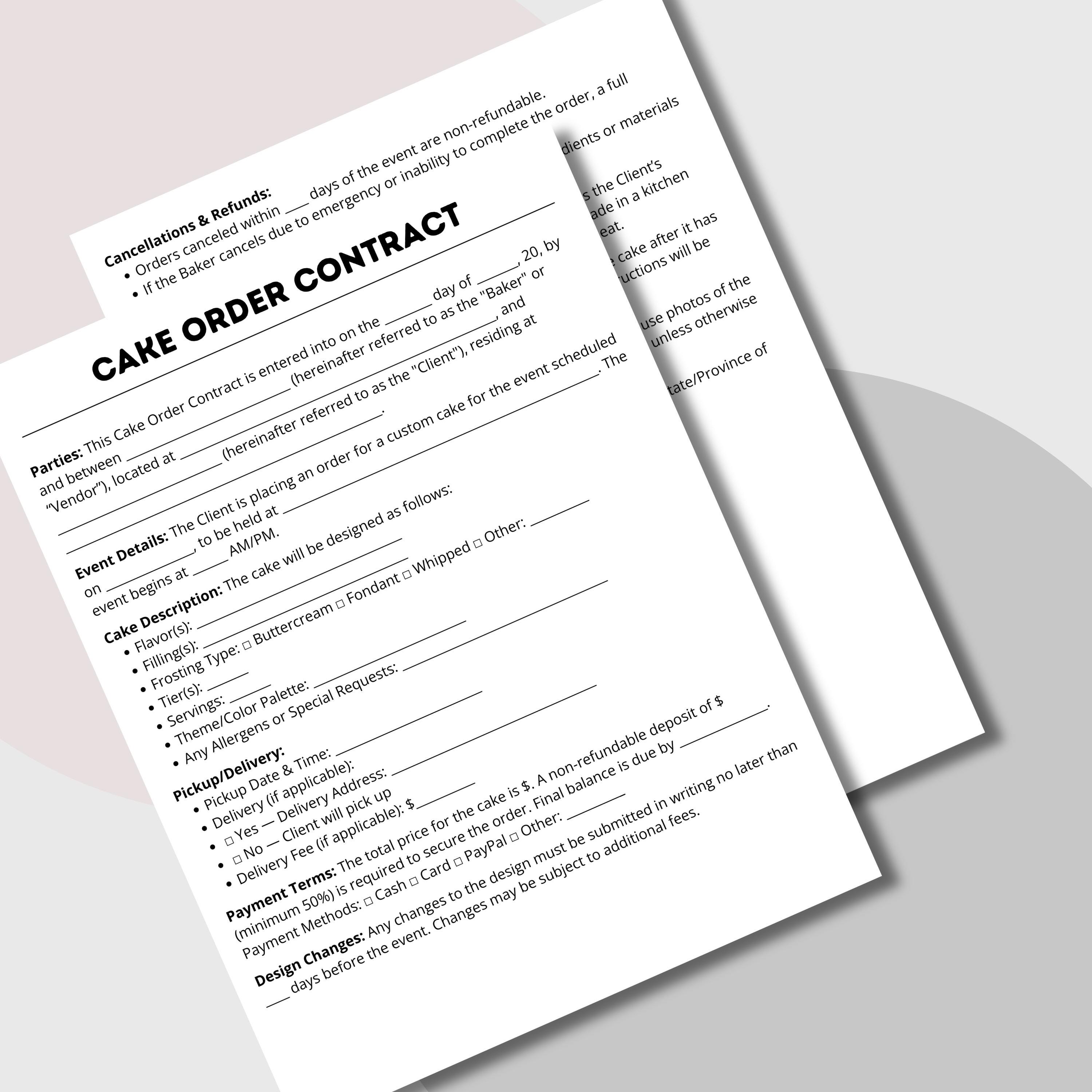 Cake Contract, Cake Order Contract, Contract Template, Editable ...