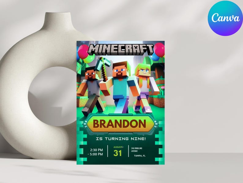 Editable Minecraft Birthday Invitation Minecraft Party Invite Gamer ...