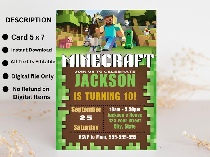 Minecraft Birthday Invitation: Printable & Editable Template | Perfect ...