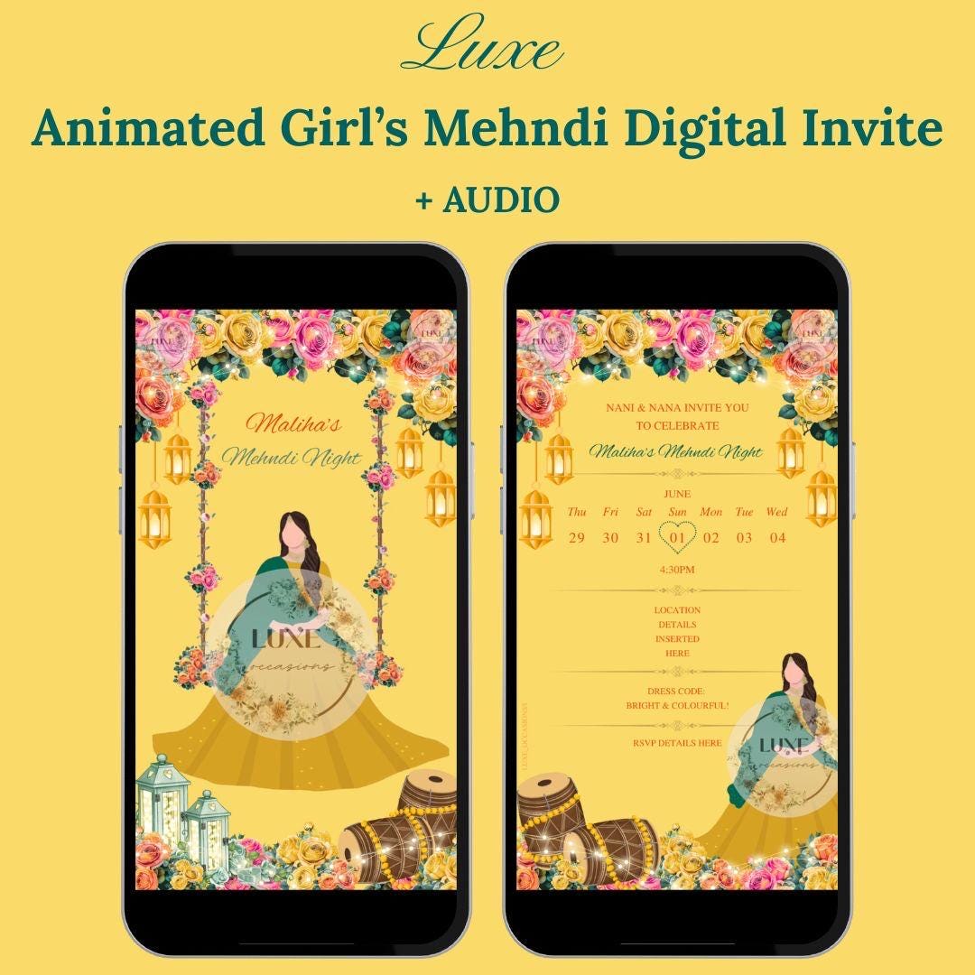 Animated Girl Mehndi Digital Invitation: Muslim Wedding Invite (digital ...