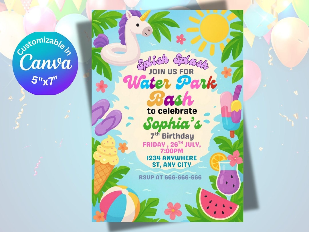 Editable Water Park Birthday Invitation Tropical Waterslide Invite ...