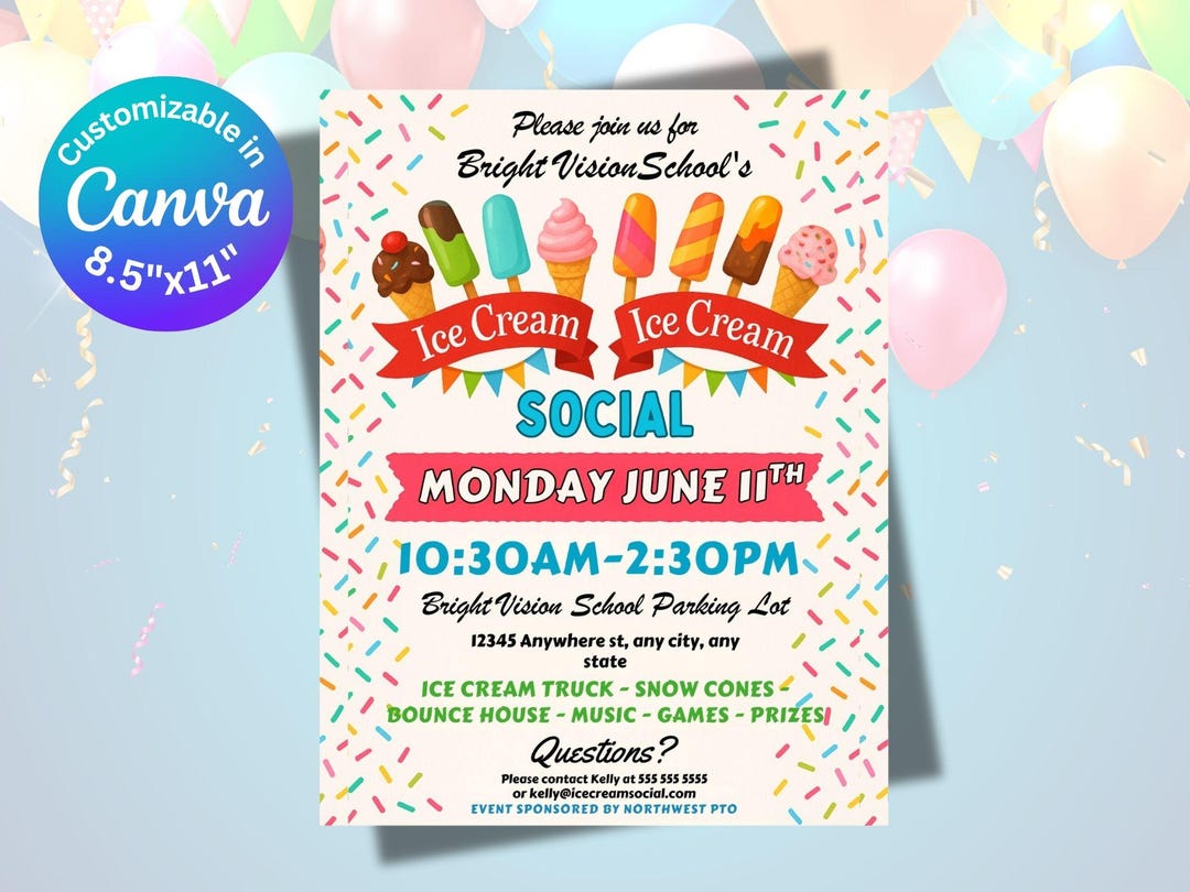 Ice Cream Social Flyer Template: Editable Canva Party Invitation ...