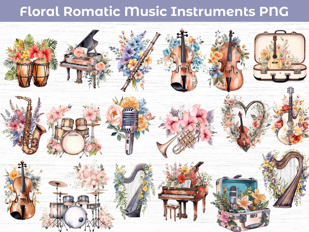 Floral Romantic Music Instruments PNG Bundle | Watercolor Musical ...