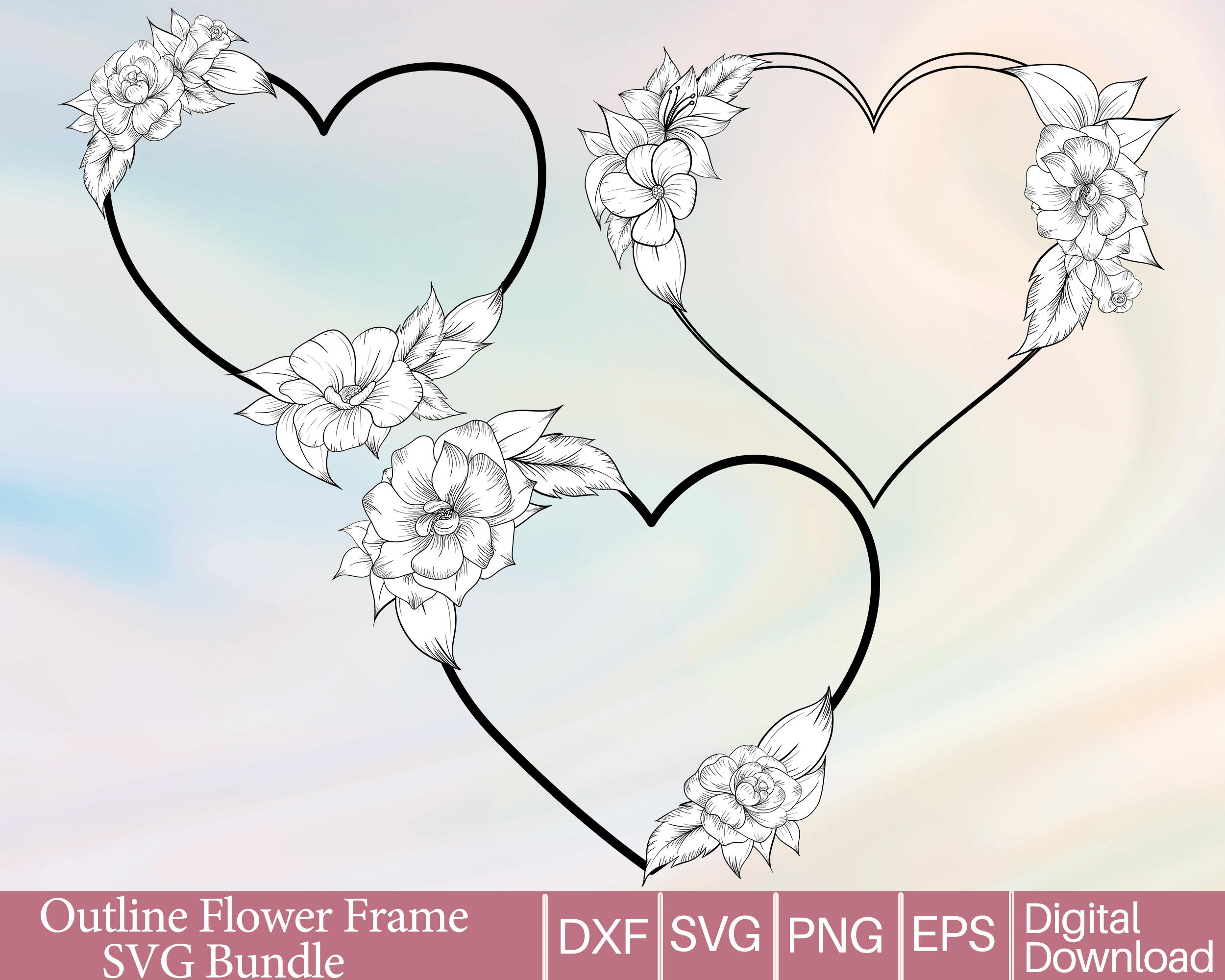 Flower Heart Frame SVG: Floral Outline, Love Decoration (digital ...