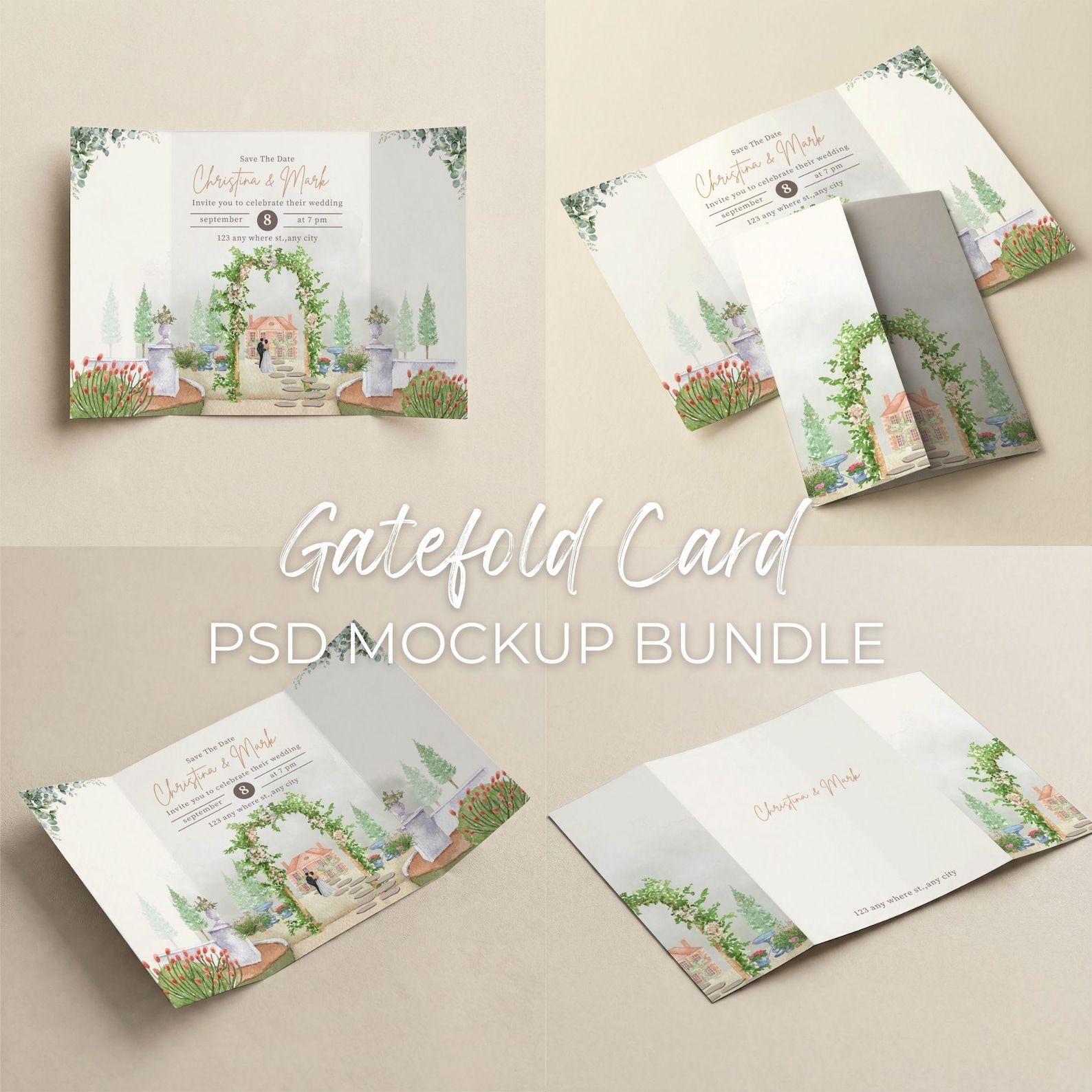 10x7 Gatefold Card Mockup Bundle, A7 Gate Fold Wedding Invitation Mock ...