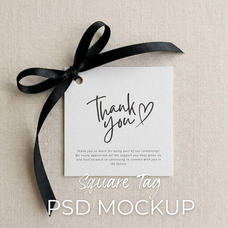 Square Gift Tag Mockup With Black Bow Ribbon, Minimalist Thank You Note ...