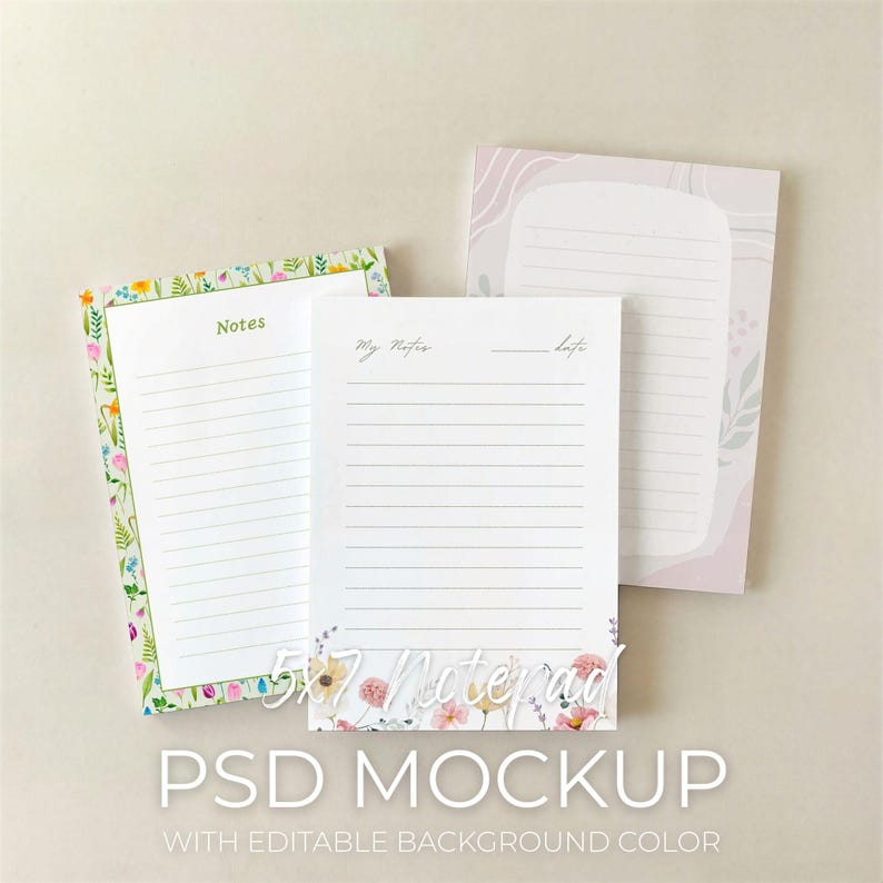 5x7 Notepad Set Mockup, 3 Paper Pad Mock Up, Stationary Collection Mock ...