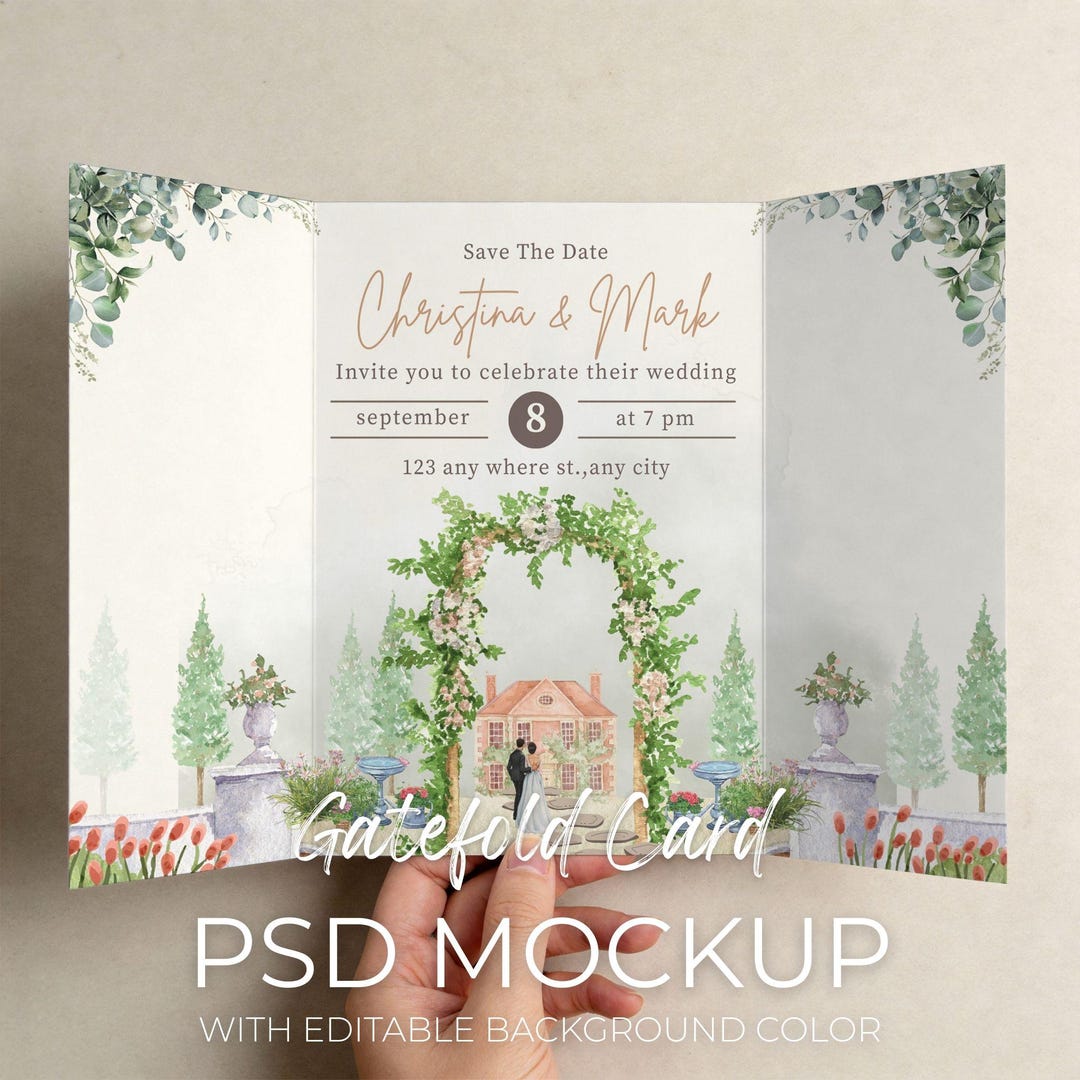 10x7 Gatefold Card Mockup, Wedding Invitation Mock Up, Hand Holding A7 ...