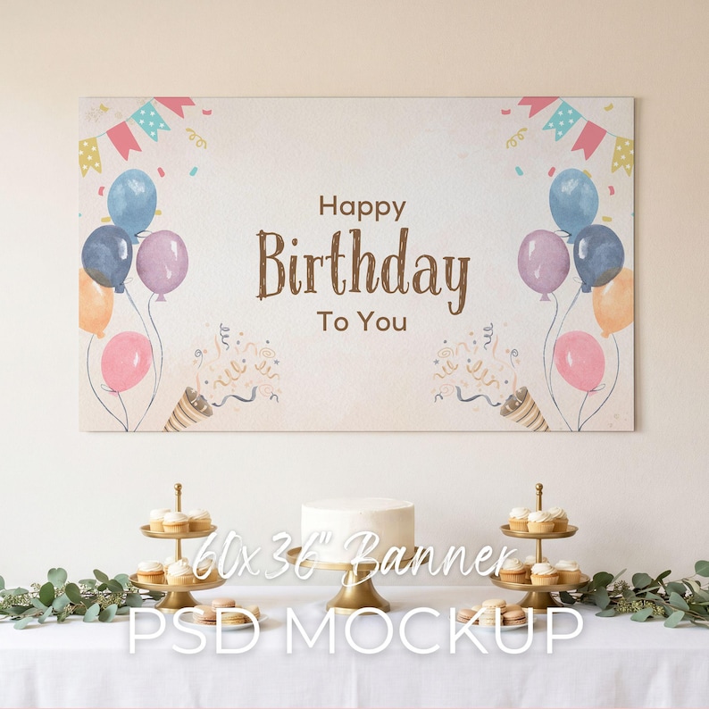 5x3 Ft, 60x36" Banner Mockup: Birthday Celebration, Bridal Shower Party ...