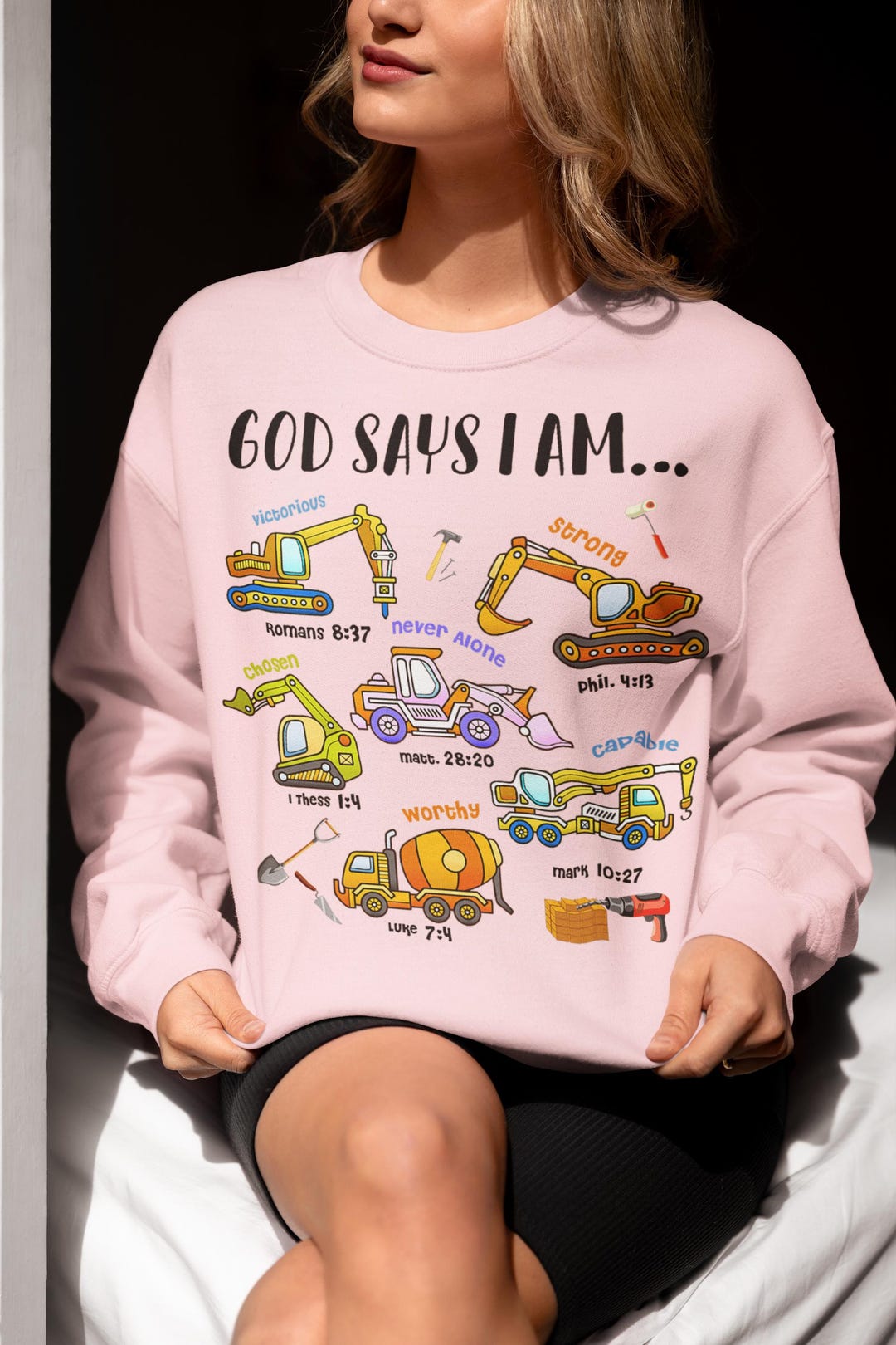 God Says I Am Construction Vehicles Sweatshirt, Christian Kids Crewneck ...