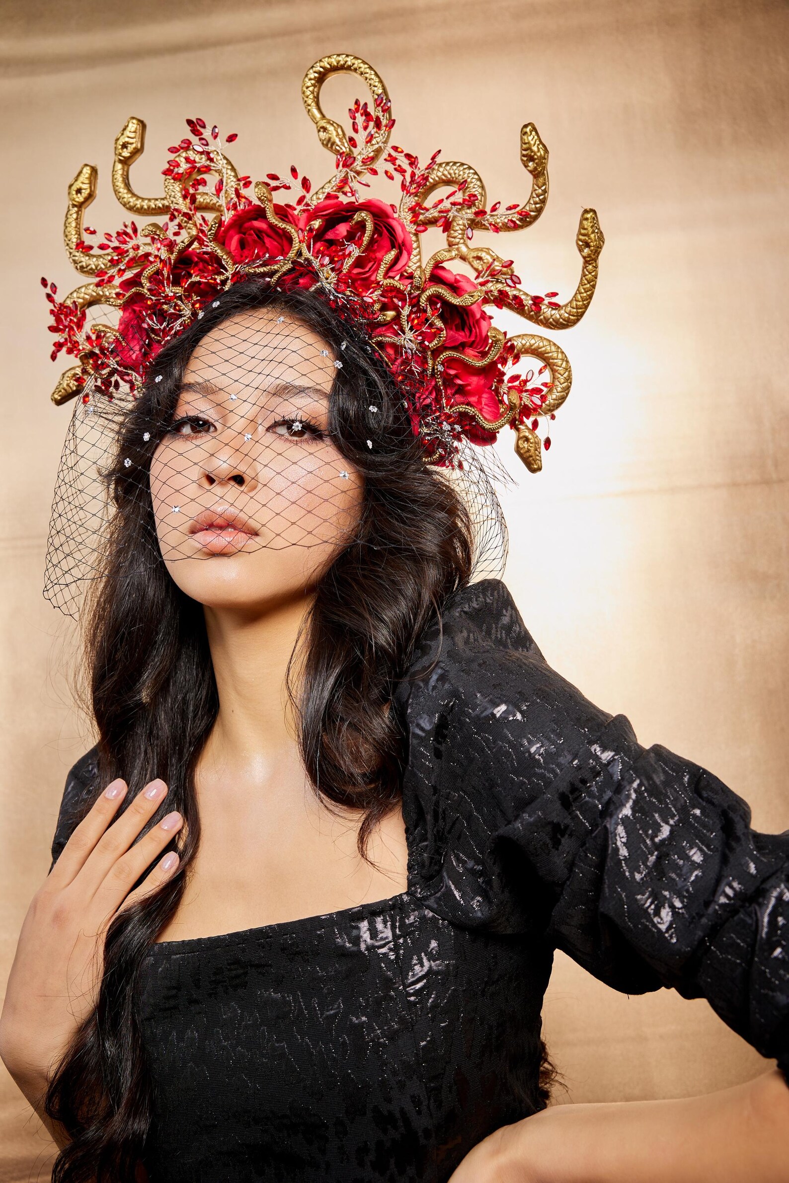 Veil Red Floral Gold Snake Crown Gala Fantasy Events Hair Accessories ...