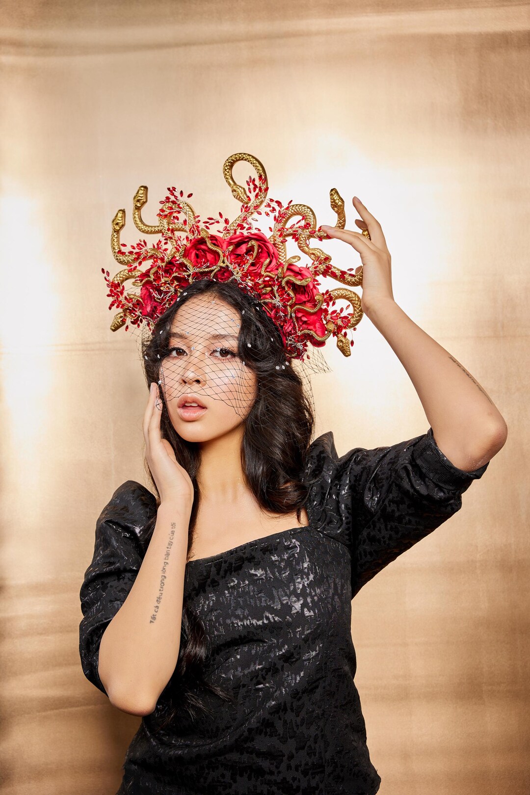 Veil Red Floral Gold Snake Crown Gala Fantasy Events Hair Accessories ...