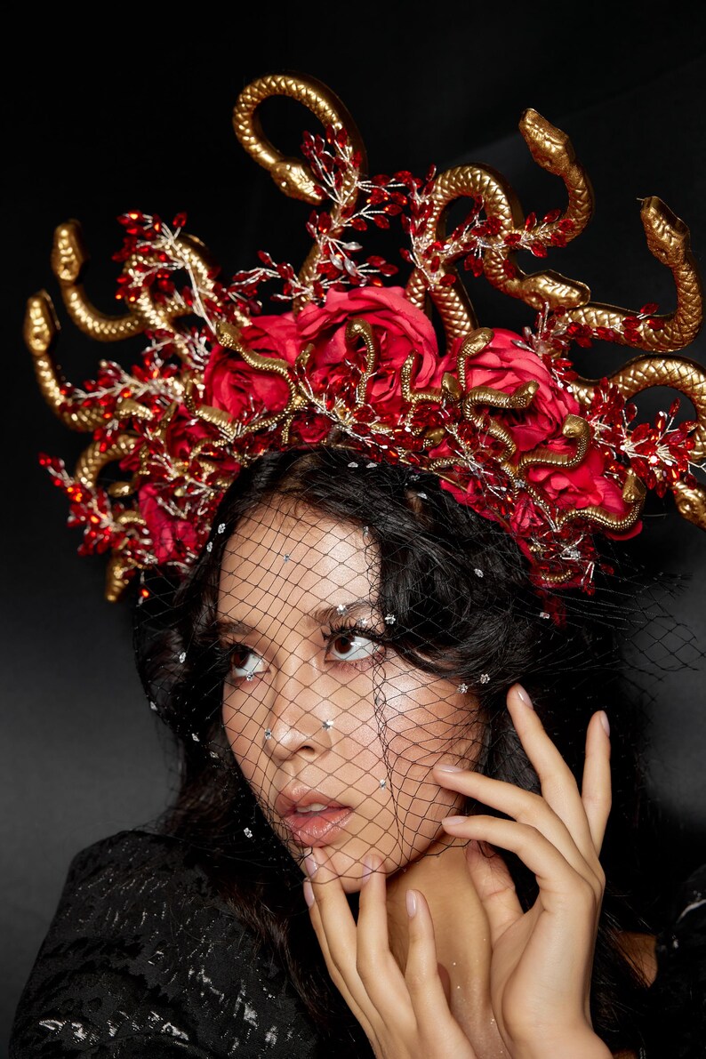 Veil Red Floral Gold Snake Crown Gala Fantasy Events Hair Accessories ...
