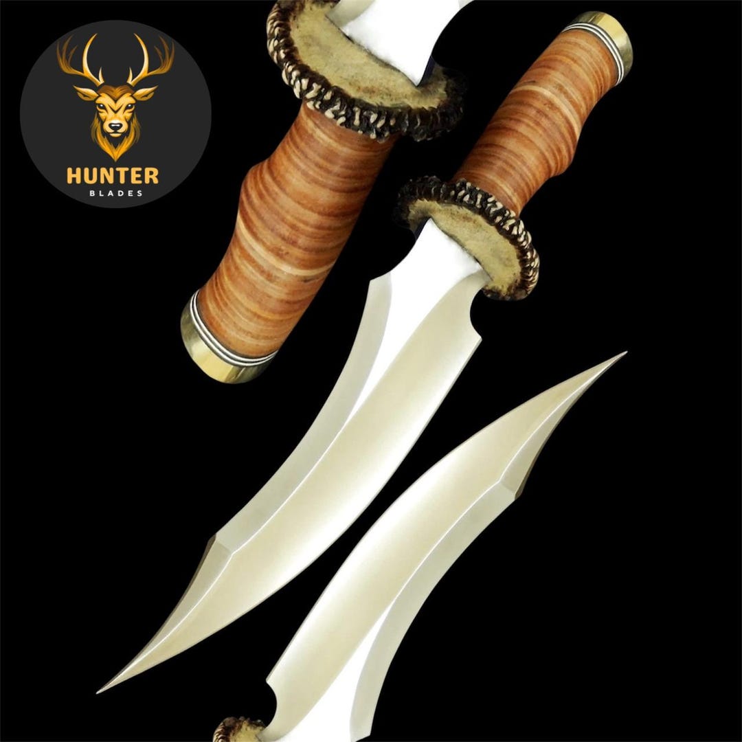 Handmade Curved Fixed Blade Knife With Antler Guard and Stacked Leather ...