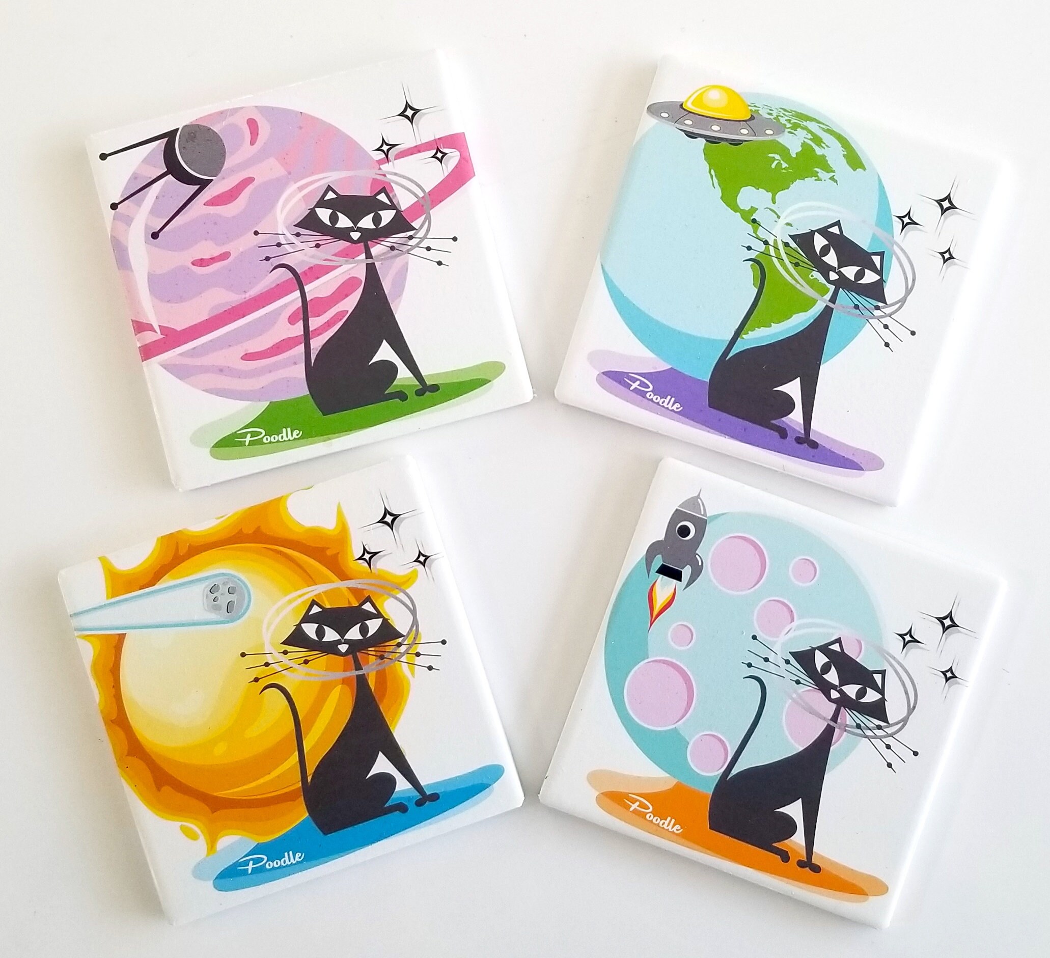 Atomic Space Cat Mid Century Tile Ceramic Coaster Set Tile - Etsy