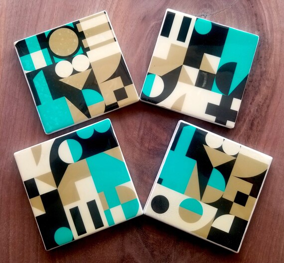 Mid Century Tile Geometric Coaster Ceramic Coaster Set Tile - Etsy