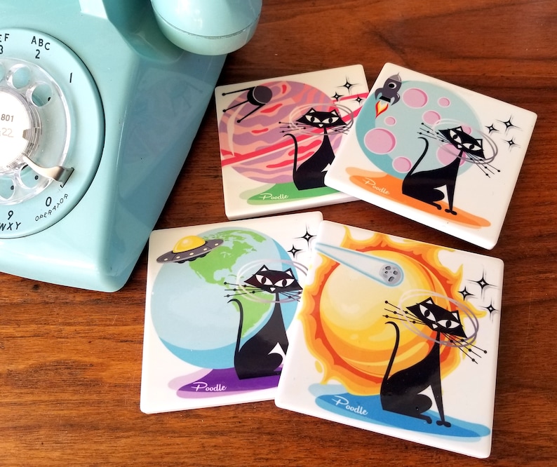 Atomic Space Cat Mid Century Tile Ceramic Coaster Set Tile - Etsy