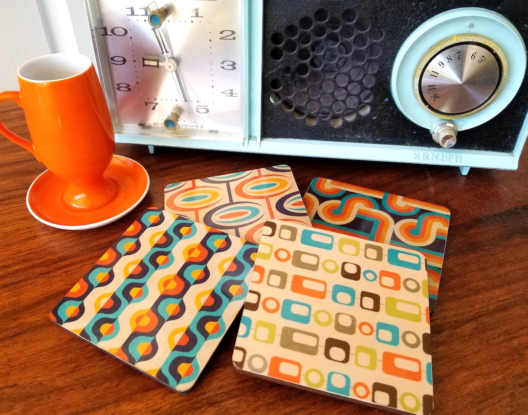 Mid Century Coaster, Geometric Coaster, Wood Coaster Set, Floral ...