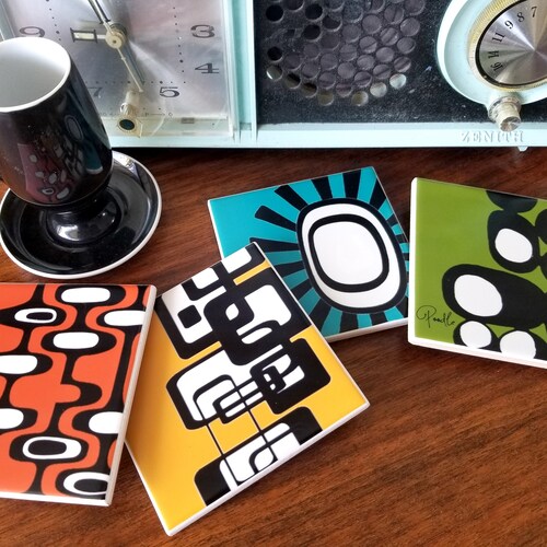 Retro Mid-century Modern Boho Cocktail Bar Coaster Set - Etsy