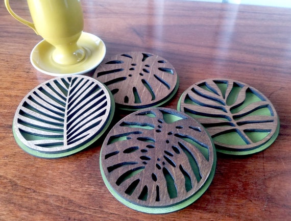 Laser Cut Coaster Leaf Coaster Double Layer Coaster Set of | Etsy