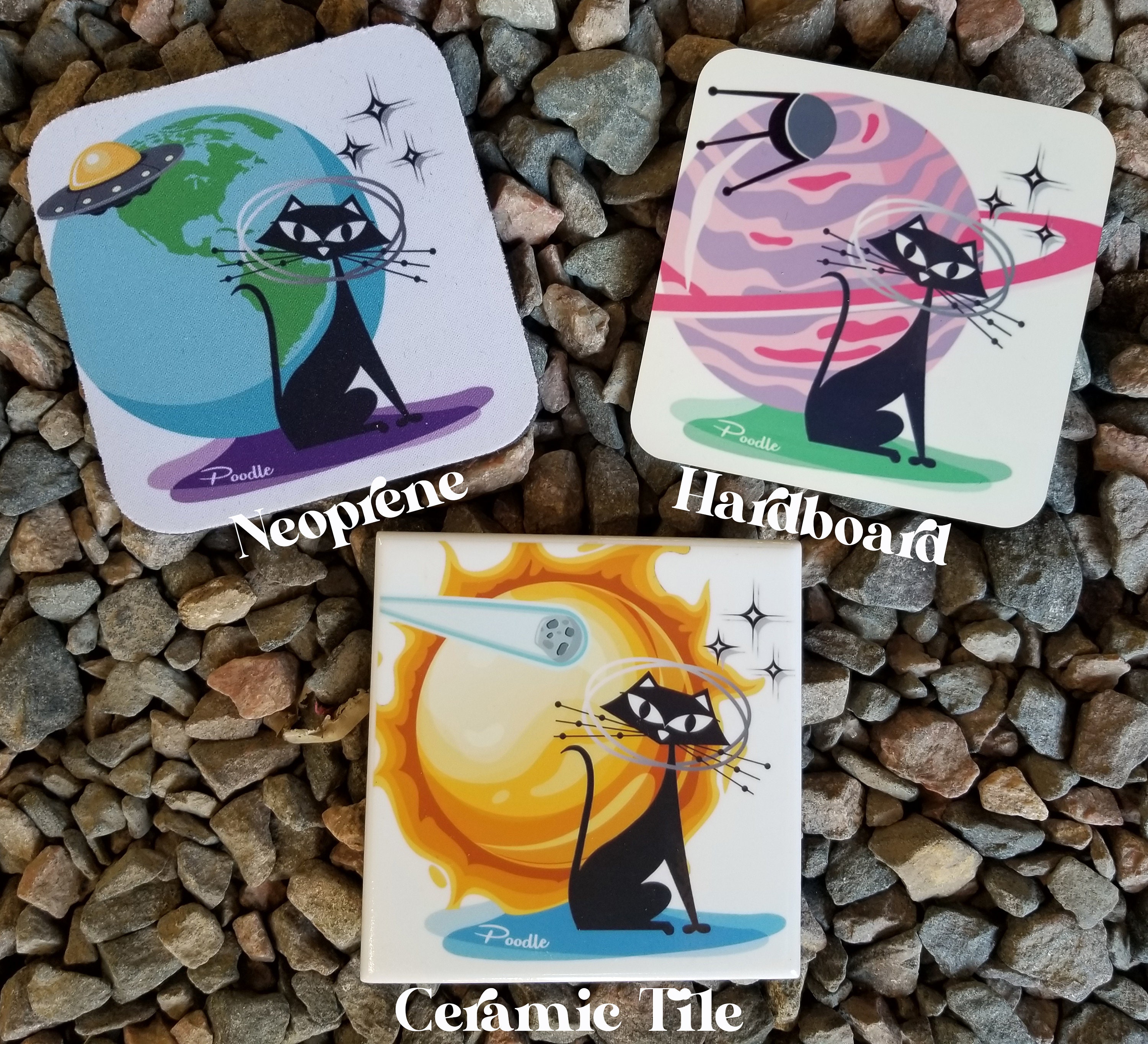 Atomic Space Cat, Mid Century Tile, Ceramic Coaster Set, Tile Coaster ...