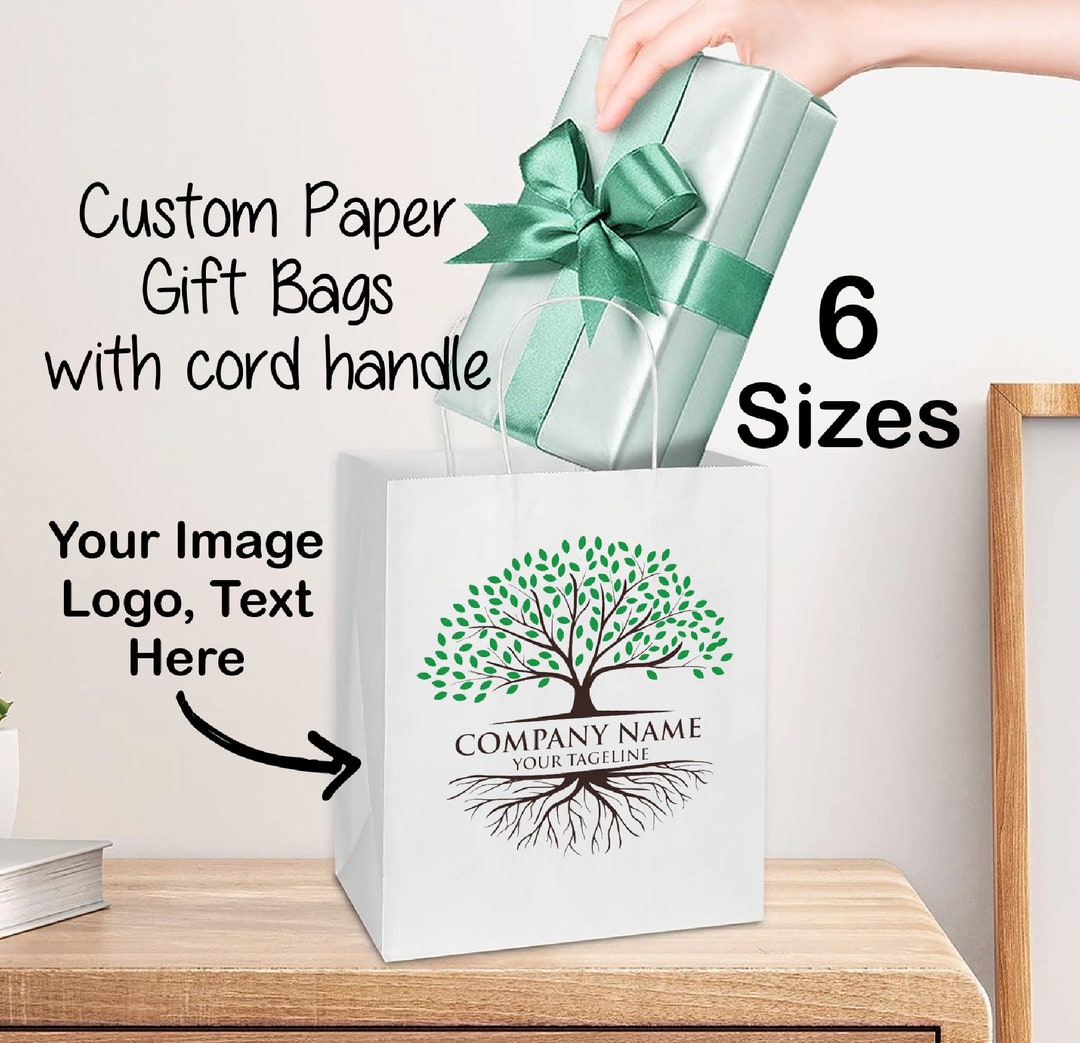 Lots of 5, 25 or 100 Personalized White Paper Gift Bags Cord Handles ...