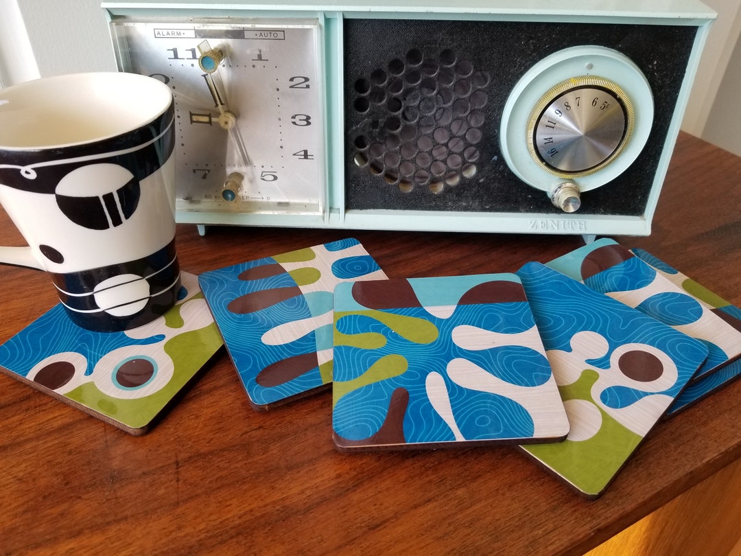 Mid-century Modern Coasters (set of 6 Square WOOD ) Cocktail Drink Bar ...