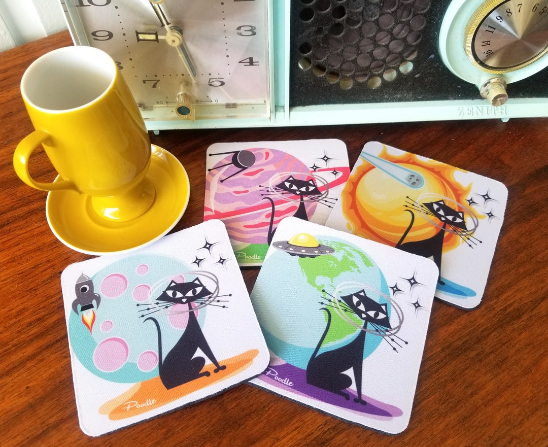 Set of 4 Square Rubber Neoprene Atomic Space Cats Mid-century Modern ...