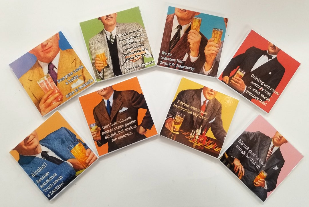 Set of 8 Funny Quote Coaster, Mid Century Coaster, Retro Coaster, Bar ...