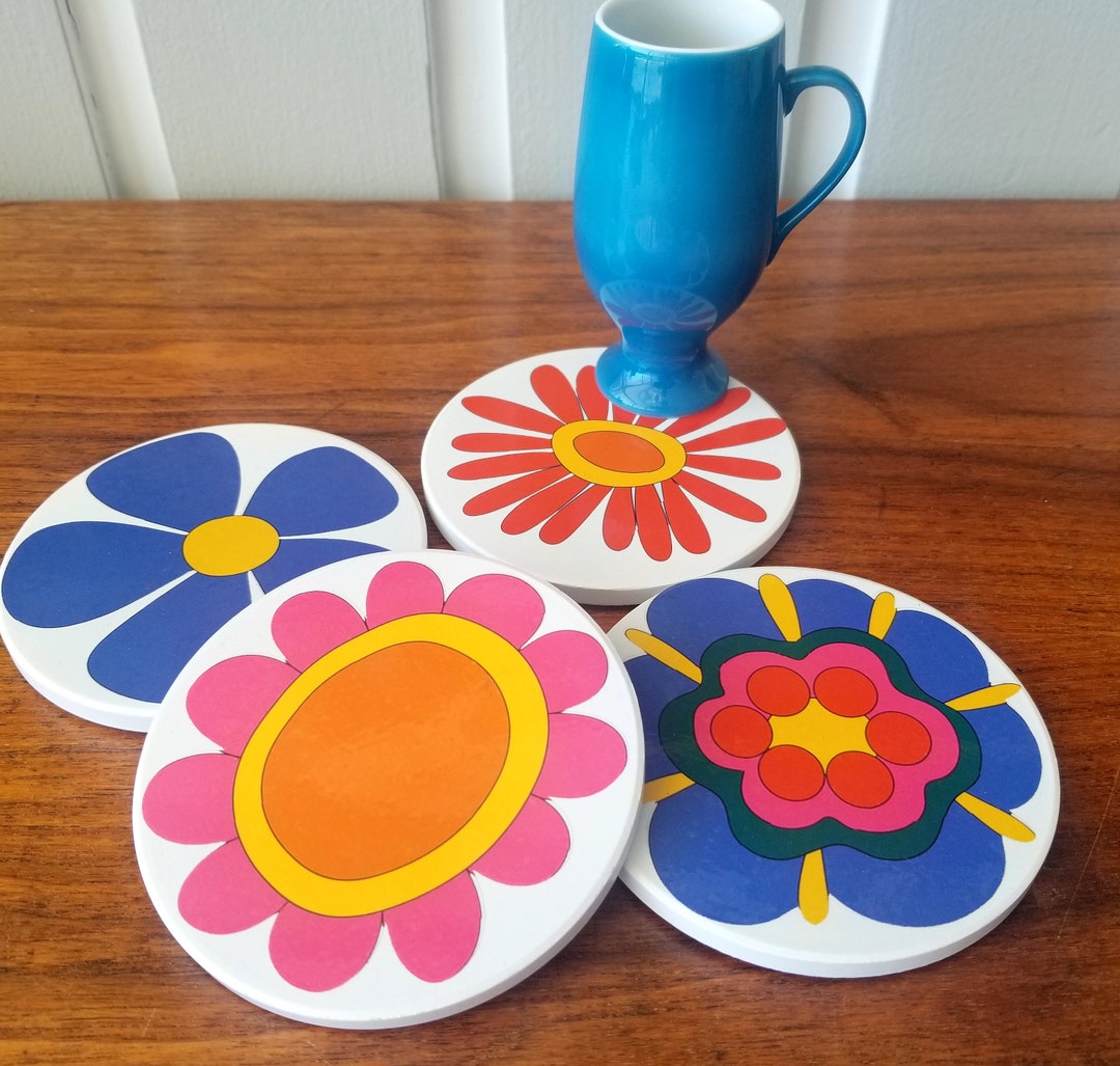 Mod Hippy Floral Flower Power Coaster Set of 4 TILE Cork Retro Mid ...