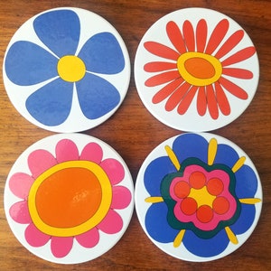 Mod Hippy Floral Flower Power Coaster Set of 4 TILE Cork Retro Mid ...