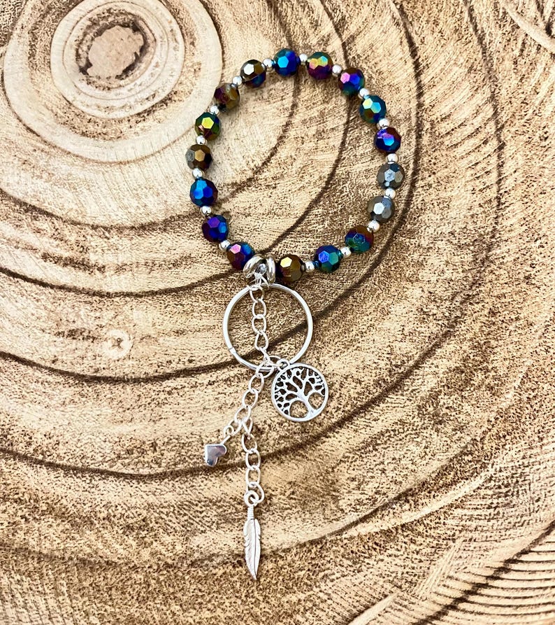 Oil Spill Aura | Beaded Wearable Keychain With Silver Charms – Heart ...