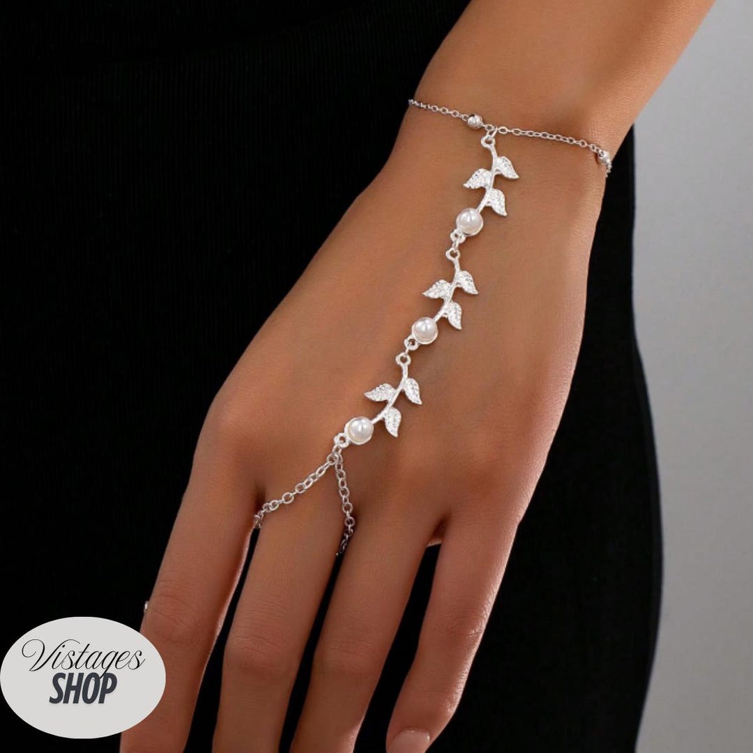 Pearl Leaf Hand Chain Bracelet, Minimalist Finger Chain Jewelry for ...