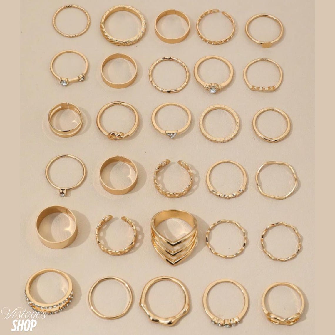 30pcs Luxury Wave Pattern Geometric Ring Set With Inlaid Diamond – Gold ...