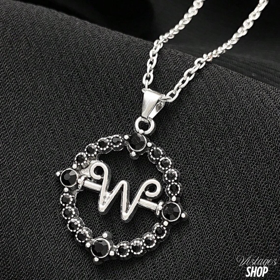 Wednesday Necklace, Gothic W Initial Pendant, Unisex Hollow Round ...