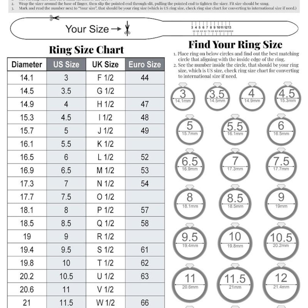 Printable Ring Sizer Tool: US, UK, International Size Chart (PDF ...