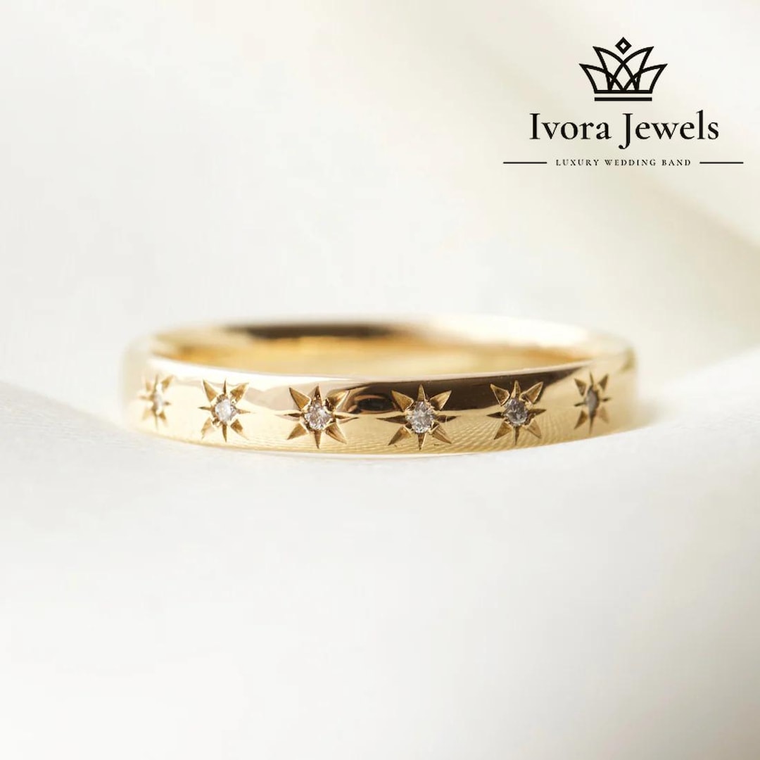 Star Engraved Gold Wedding Band: Dainty Sterling Silver Stackable Ring ...