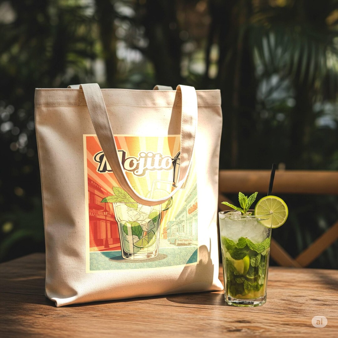 Retro Mojito Cocktail Tote Bag - Sustainable Beach Bag, Eco-friendly ...