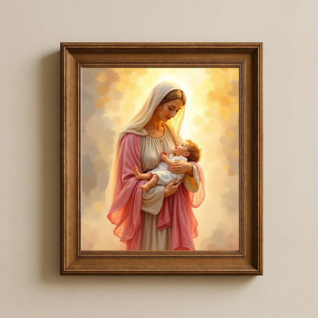Whimsical Mary and Baby Jesus Poster, Warm Christian Printable Home ...