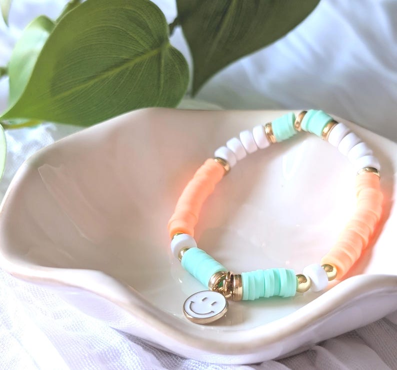 Smiley Face Bead Bracelet – Pastel Heishi Beads, Kawaii Stretch ...
