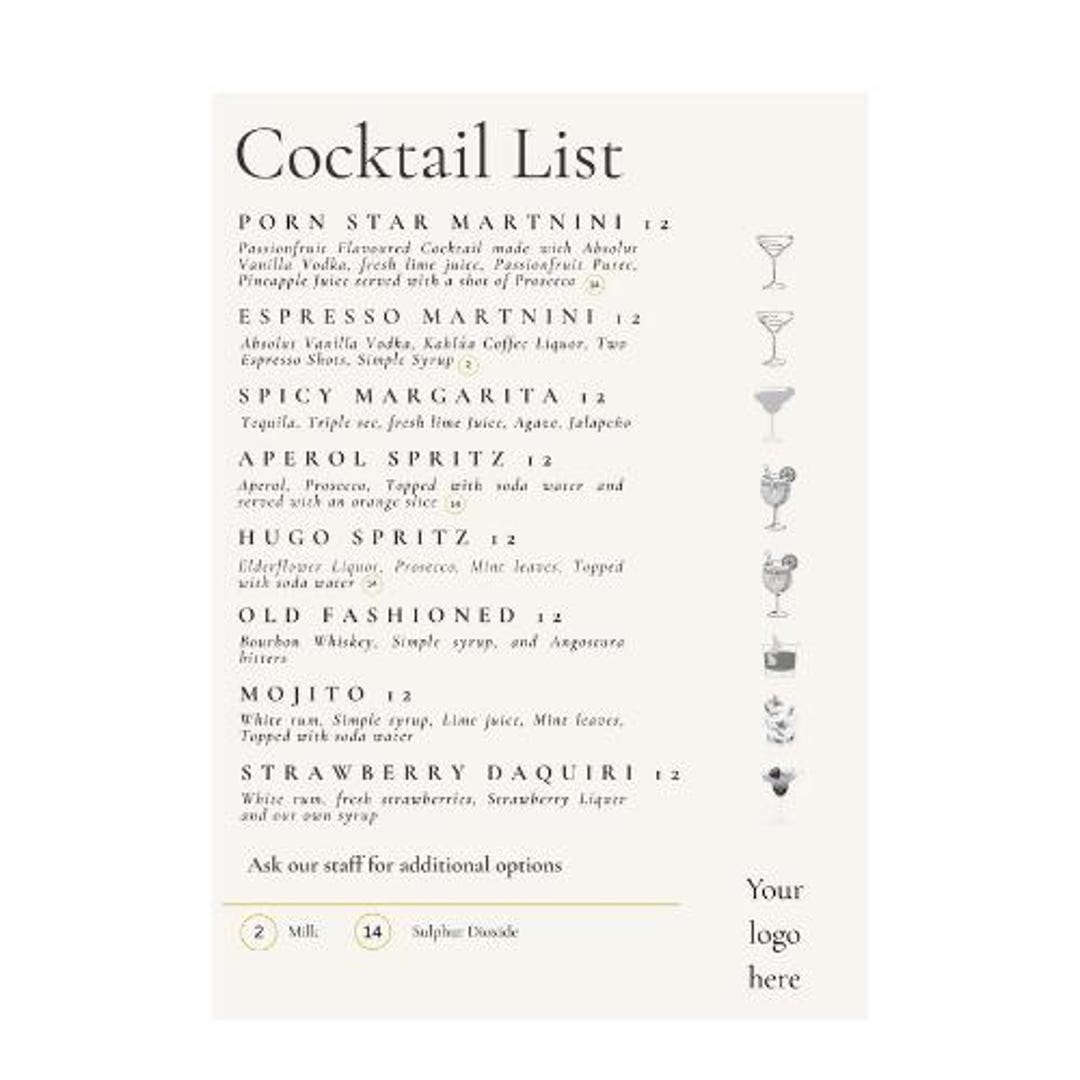 Bar Cocktails Menu Template, Printable and Fully Editable With Canva ...