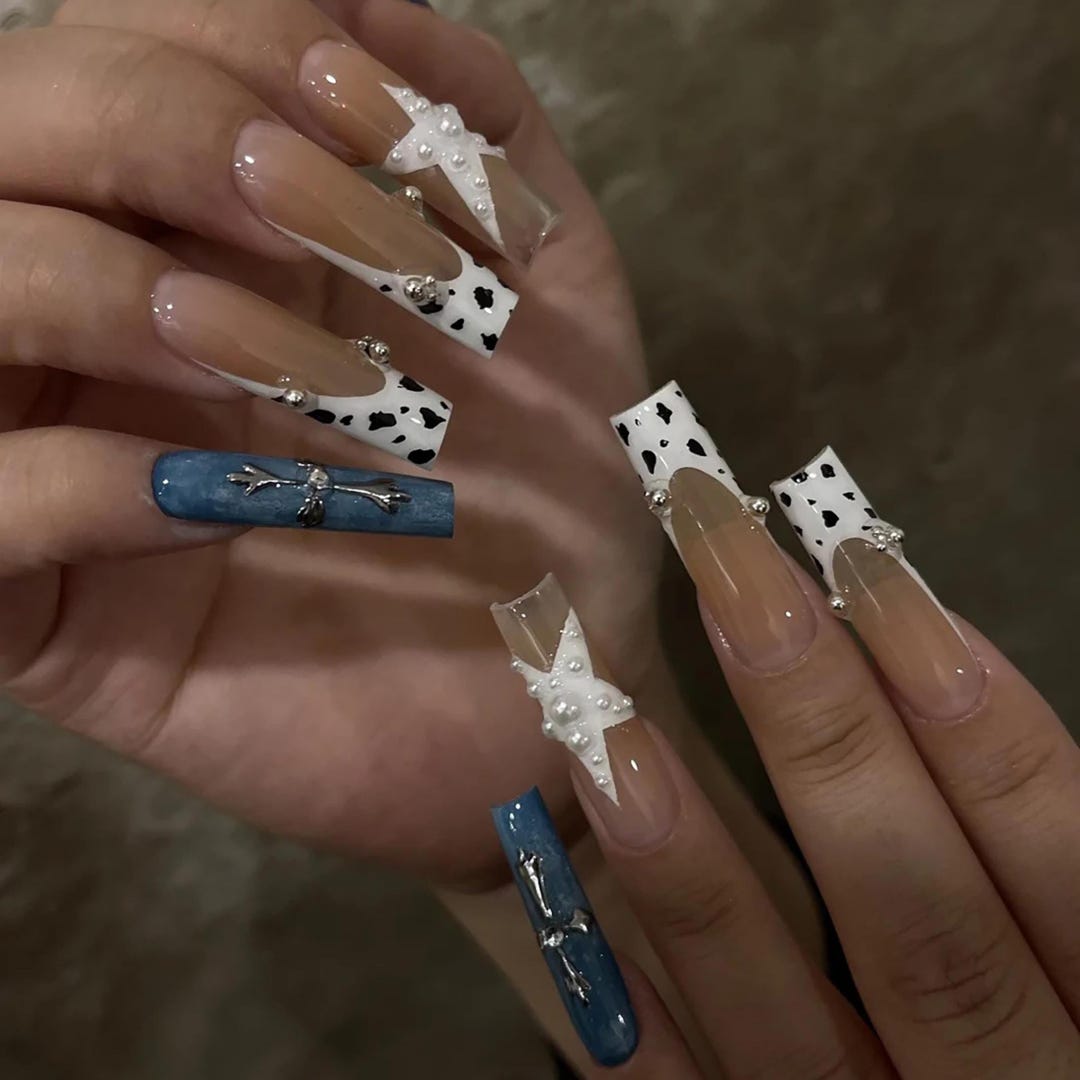 Black and White Blue Denim Cow Pattern Spots Y2K Nails, Hand-painted ...