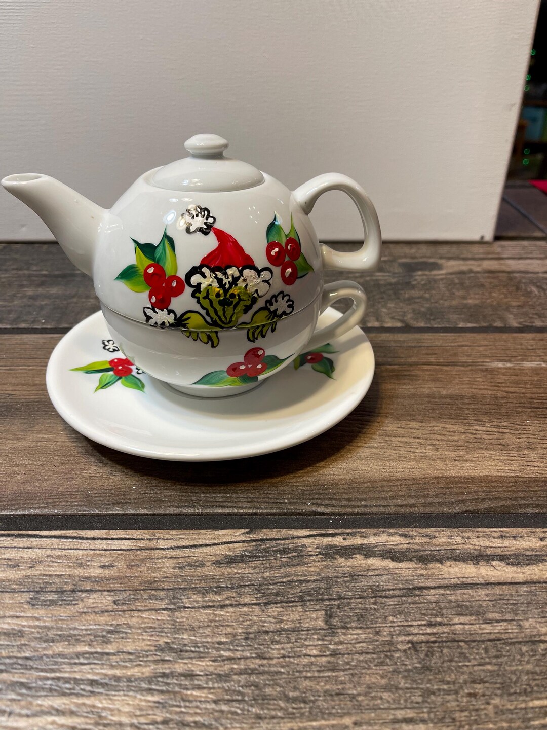 Tea for One Grinchy Grinch Holly Design Hand Painted Cup Saucer and ...
